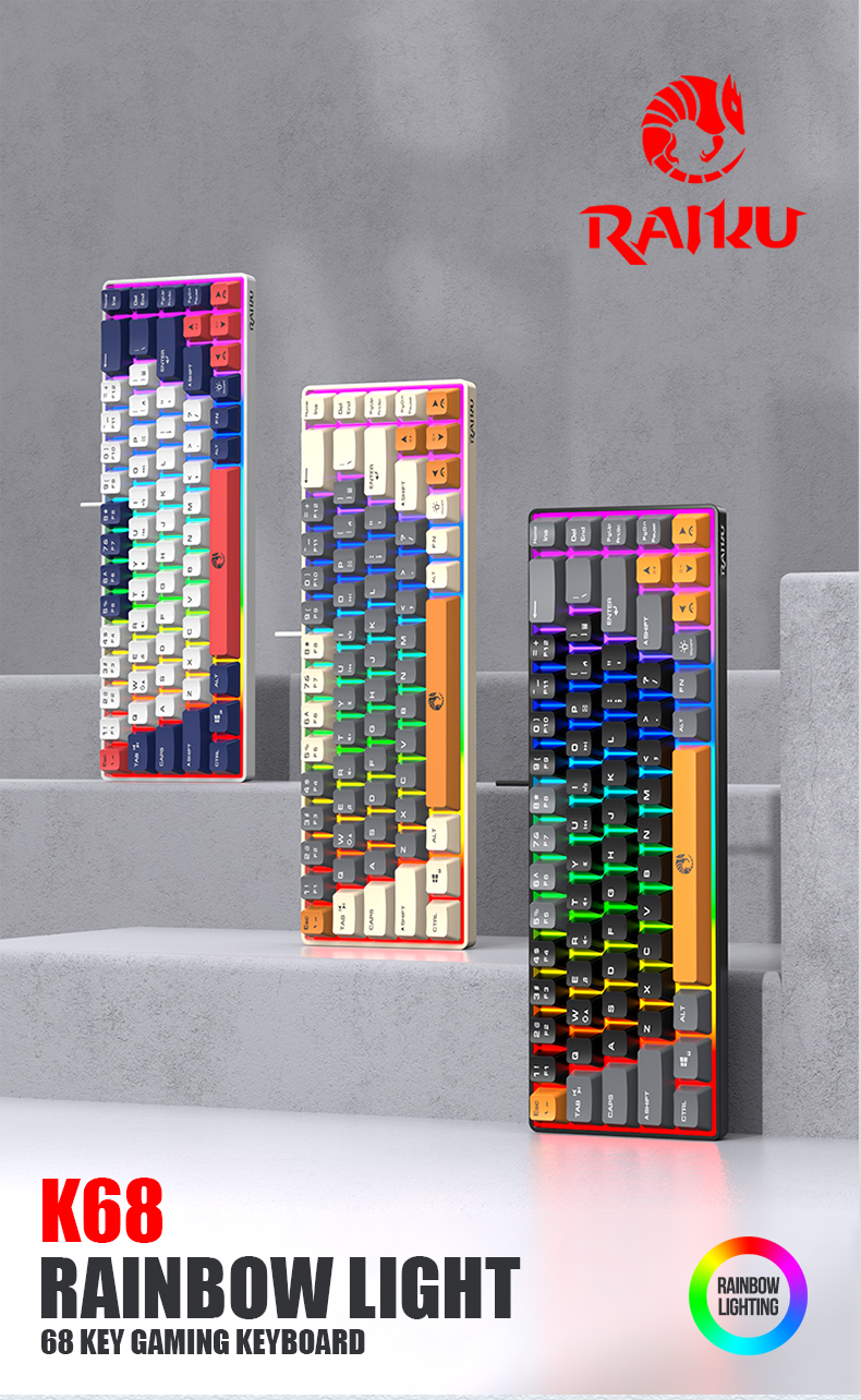 RAIKU K68 68-Key Compact RGB Gaming Keyboard with 3 Keycaps Color ...