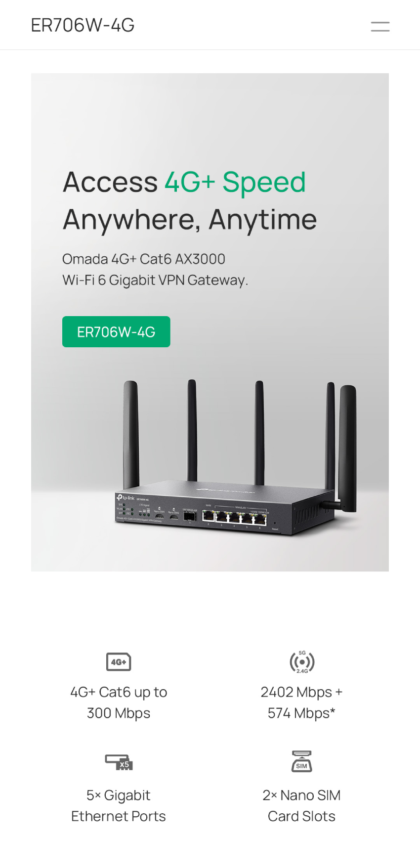 TP-Link | ER706W-4G | Omada | 4G+ | Cat6 | Wi-Fi 6 | AX3000 | Gigabit ...