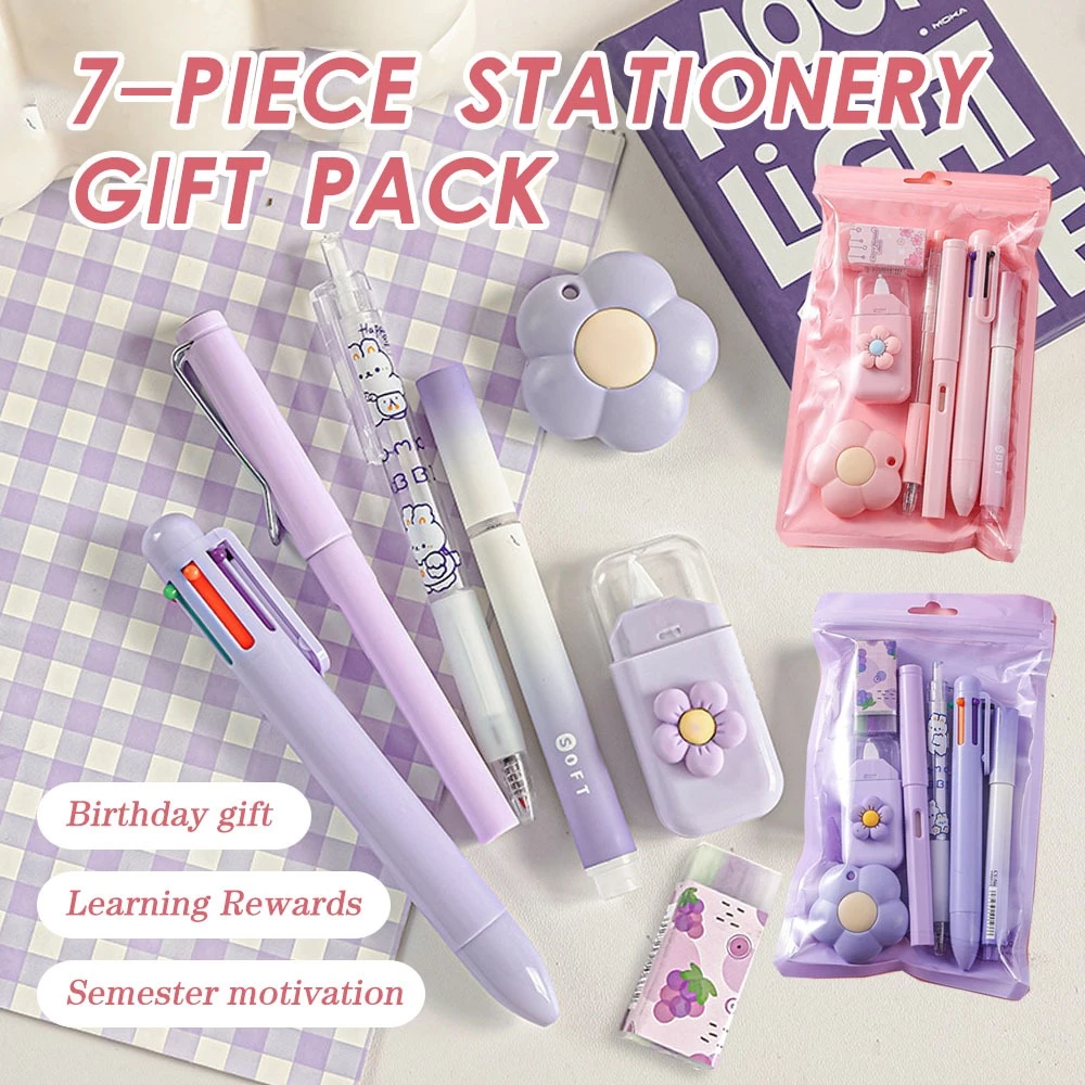 7Pcs/Set Stationery Ballpen Pencil Eraser Highlighter Knife Correction ...