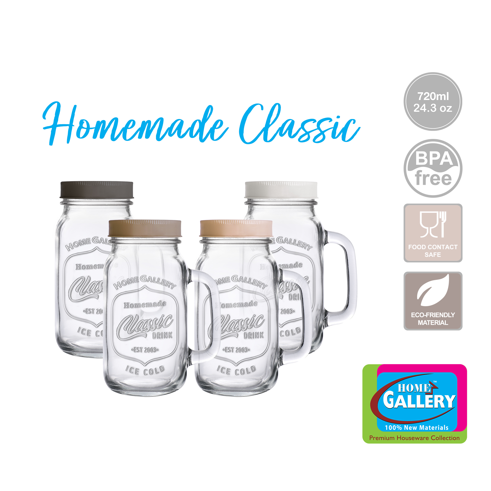 Home Gallery Mason Jar w/ Lid 450ml ,720ml 24.3oz 4pcs 100% Food ...