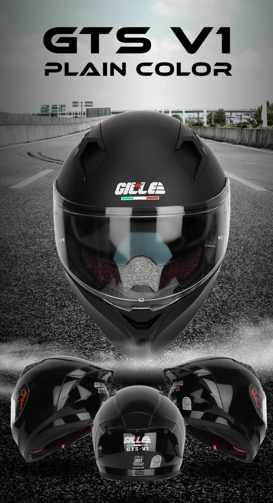 Gille Helmet 135 GTS-V1 Series Solid Full Face Motorcycle Helmet Dual ...