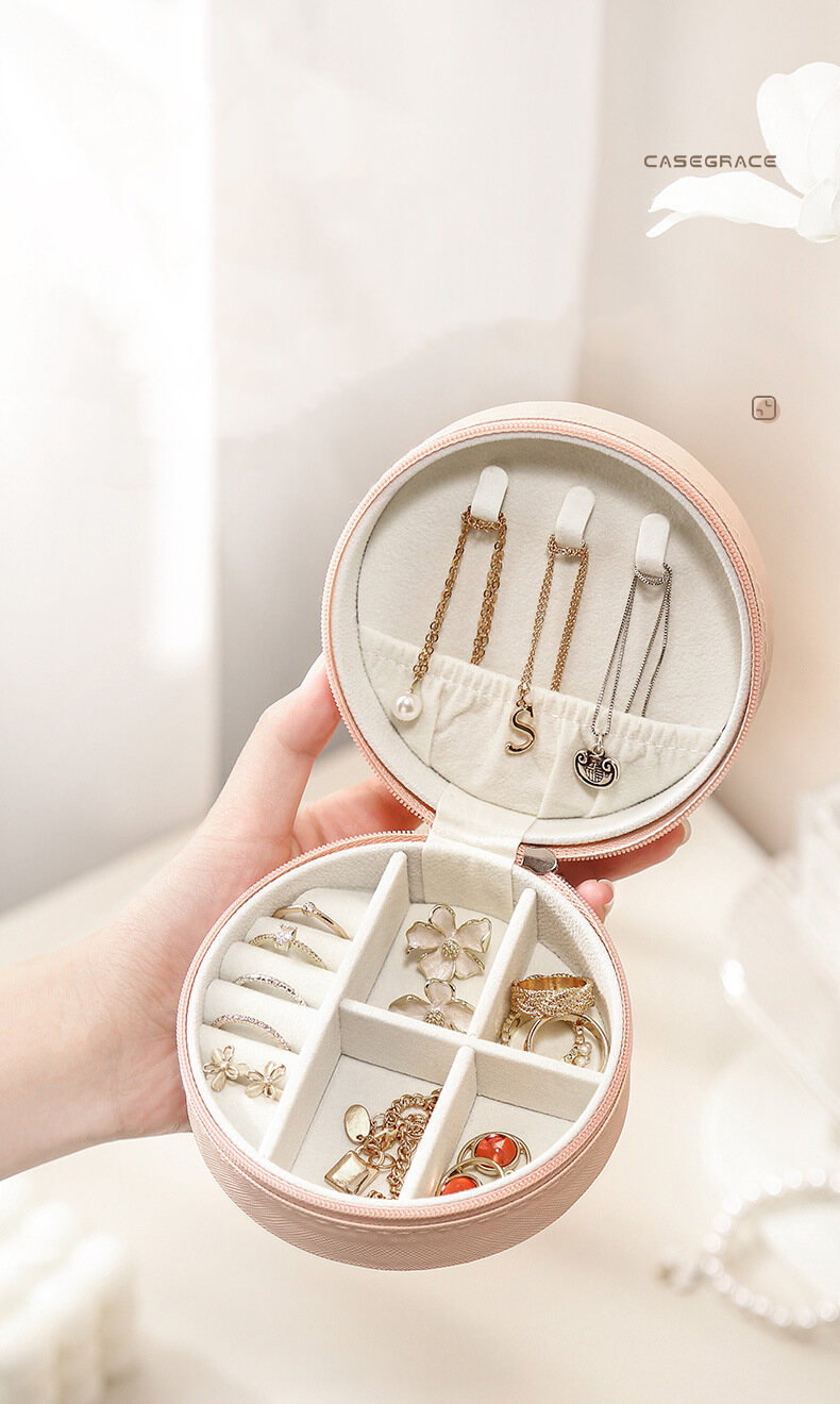 Jewelry Storage Box Portable Round Leather Zipper Earrings Necklaces ...