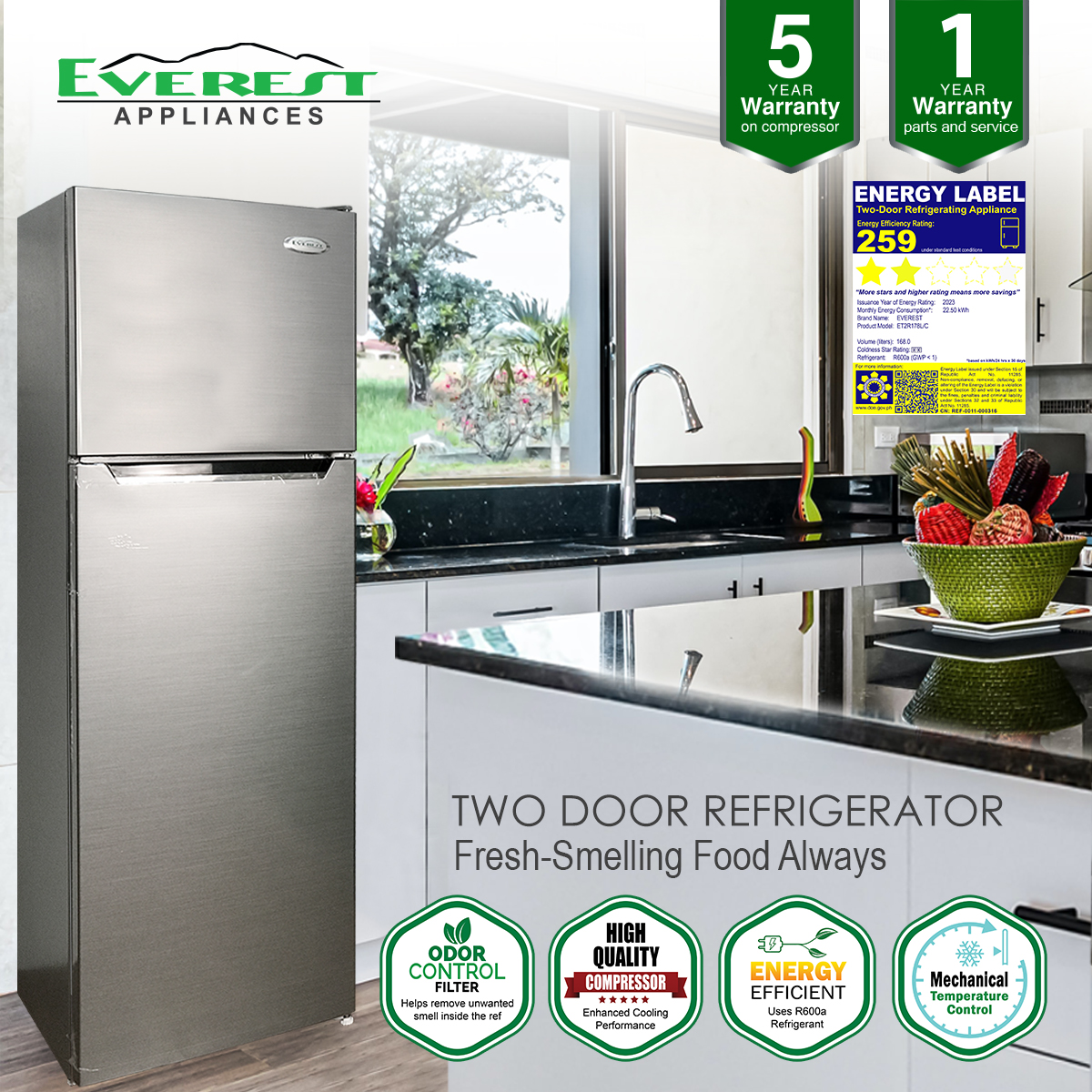EVEREST 6.1 cu.ft Two Door Refrigerator/ Non Inverter/ Manual ...