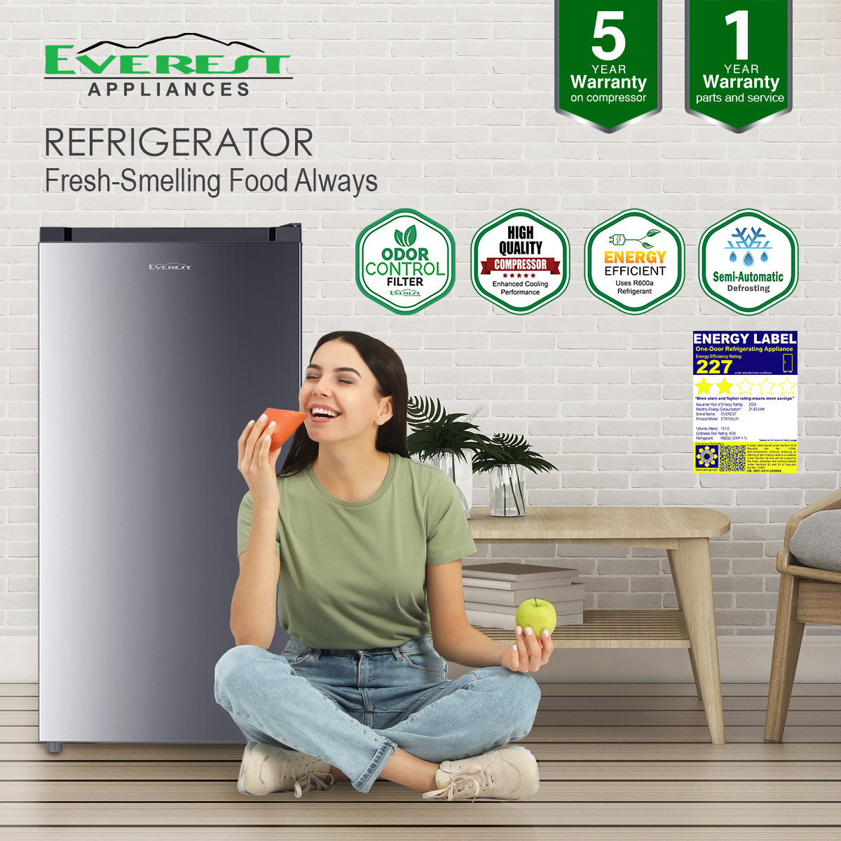 EVEREST 5.5 cu.ft Single Door Refrigerator/ Semi-Automatic Defrosting ...