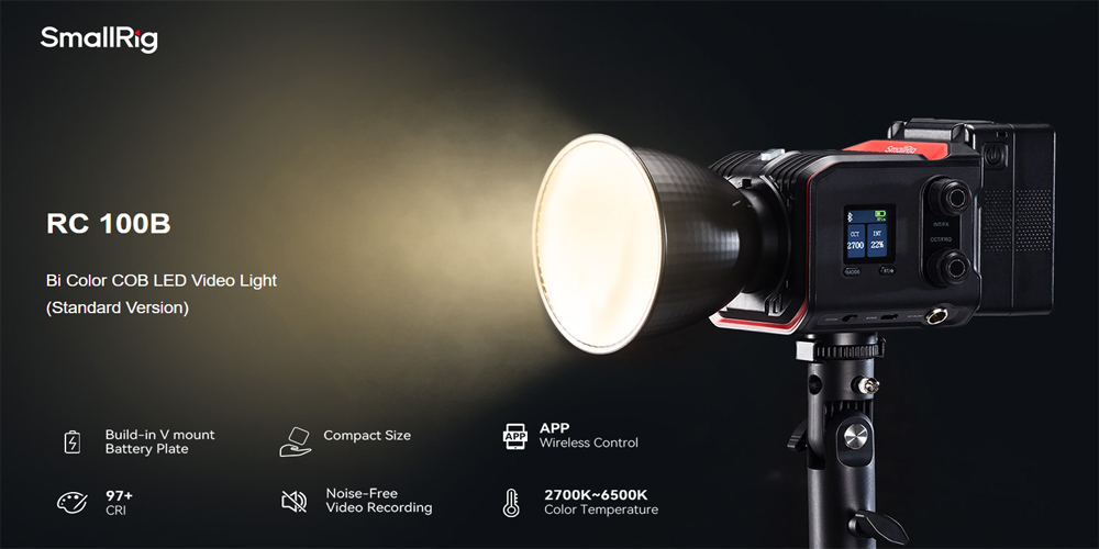 SmallRig RC 100B COB LED 97+ Bi-Color Palm-Sized Video Light with Reflector & V-Mount Battery ...