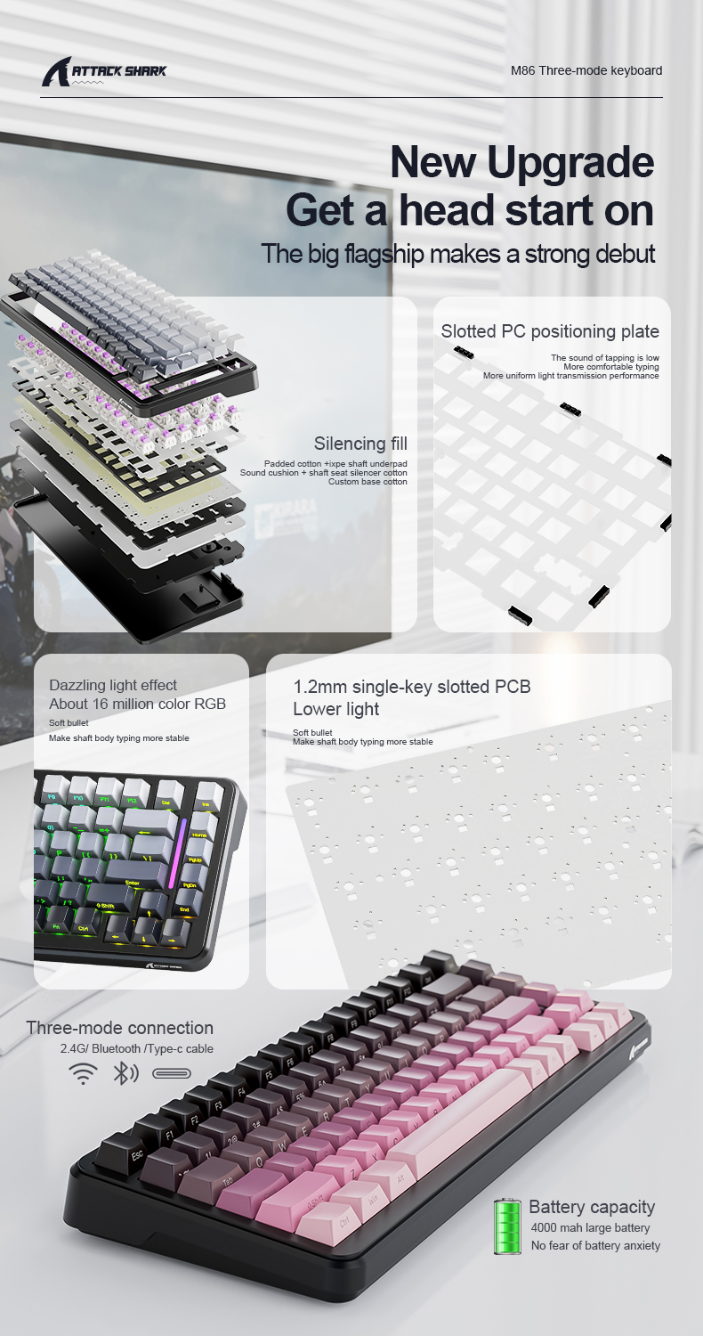 Attack Shark M86 STAR Mechanical Keyboard 80 Key RGB Tri-Mode Bluetooth 2.4G Gasket Structure ...