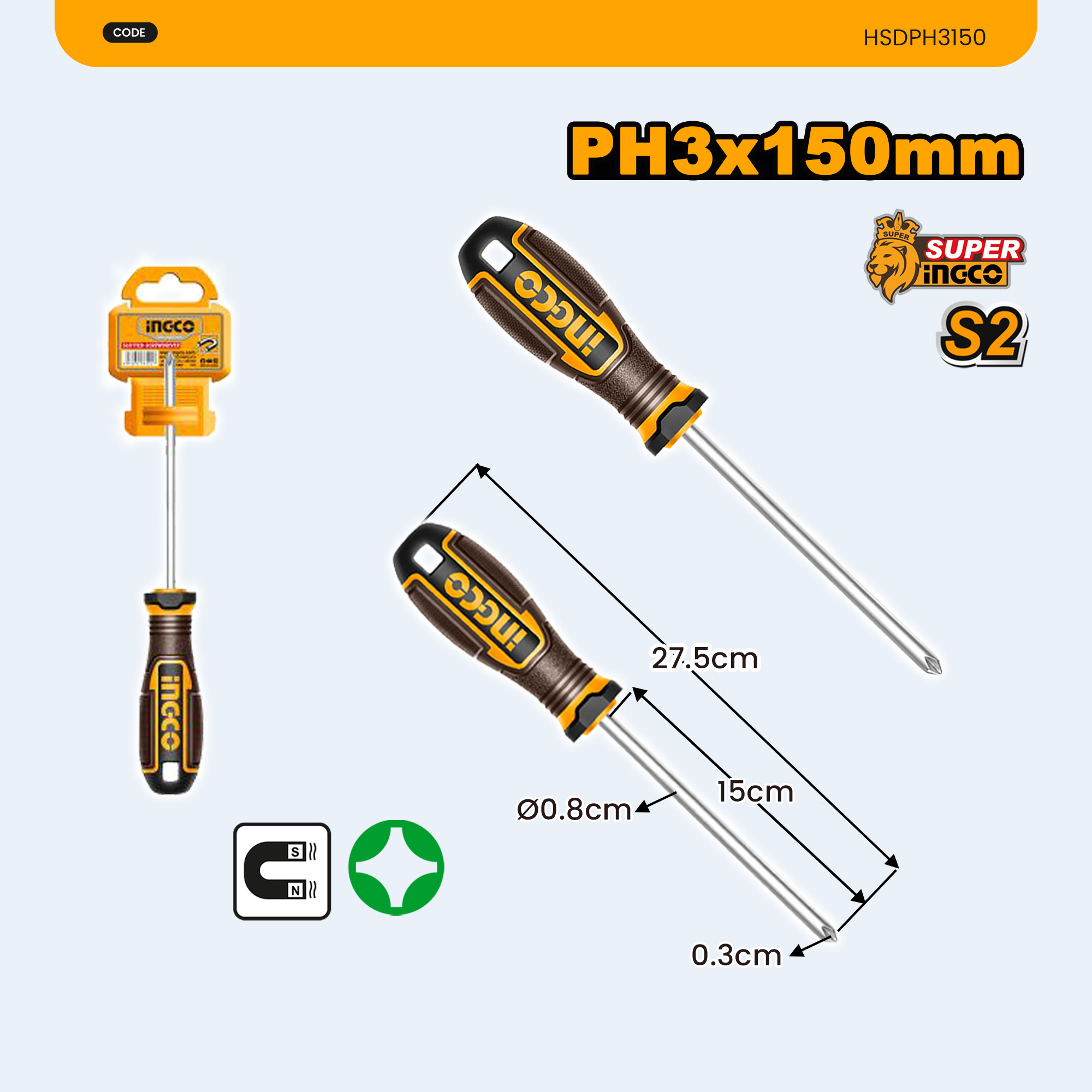 Ingco Phillips Screwdriver PH3x150mm Crosshead Magnetic Long Shaft DIY ...