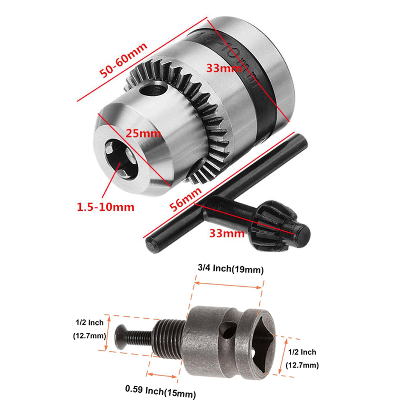 0.8-10mm/1.5-10mm Drill Chuck Converte Change Electric Impact Wrench 1/ ...