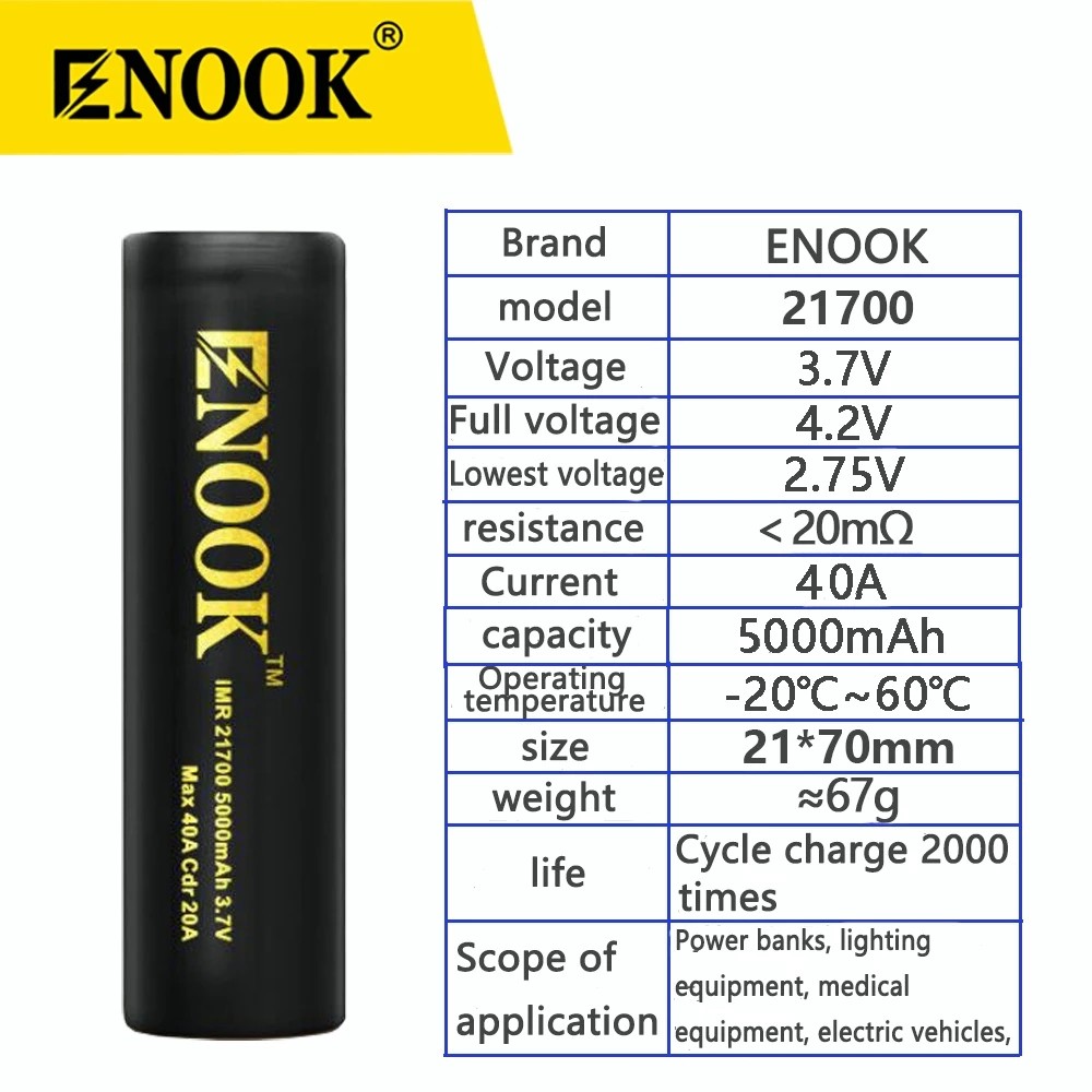 ENOOK Original Rechargeable Battery 21700 26650 5000mAh 3.7V Li-ion ...
