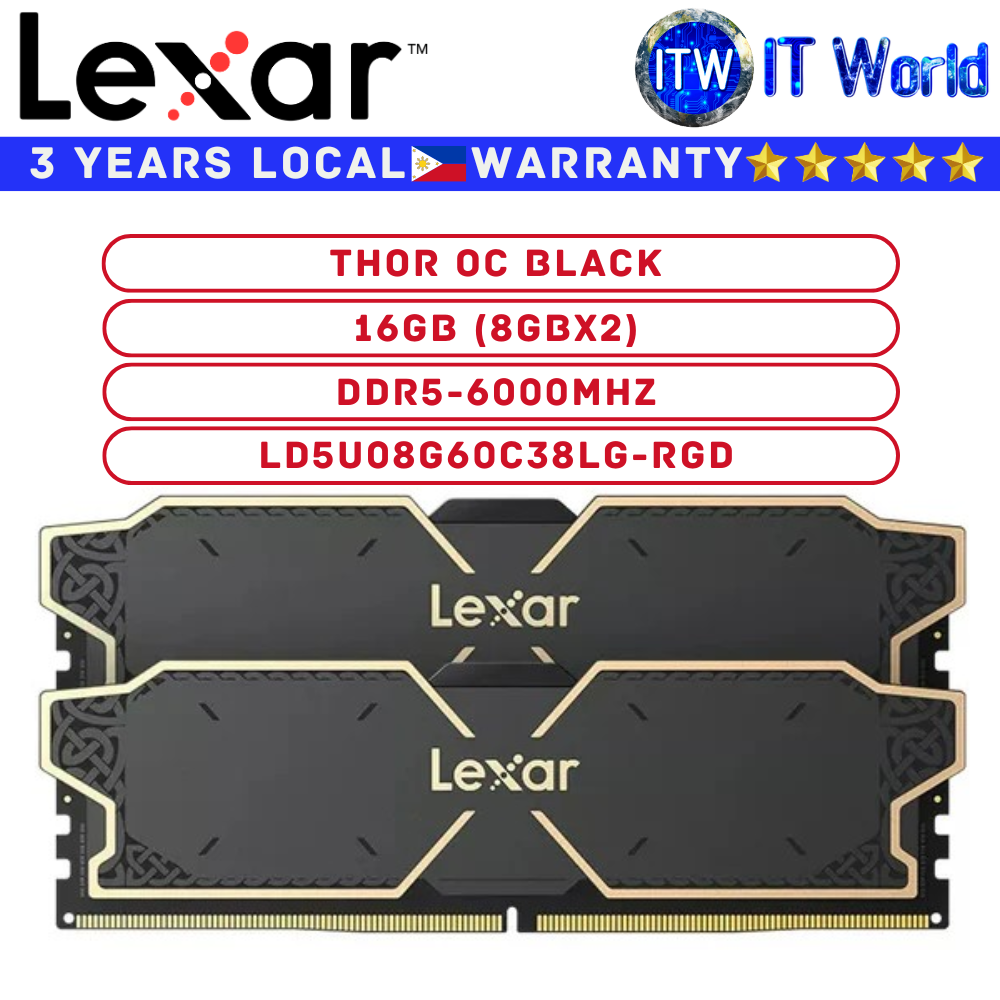 Itw | Lexar DDR5 16GB (8GBx2) 6000Mhz Thor OC Black UDIMM Desktop Memory (LD5U08G60C38LG-RGD ...