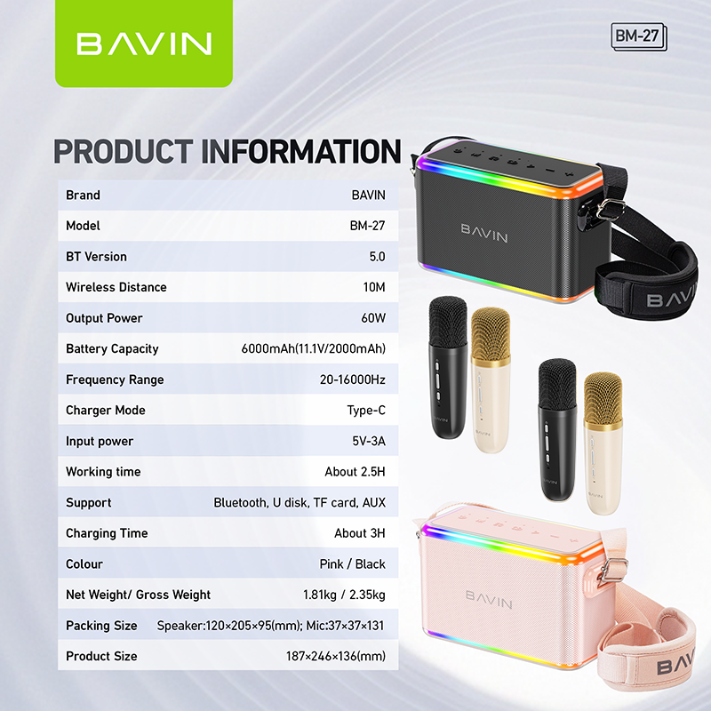 BAVIN BM27 Outdoor Bluetooth Speaker Portable Karaoke Machine w/ RGB ...