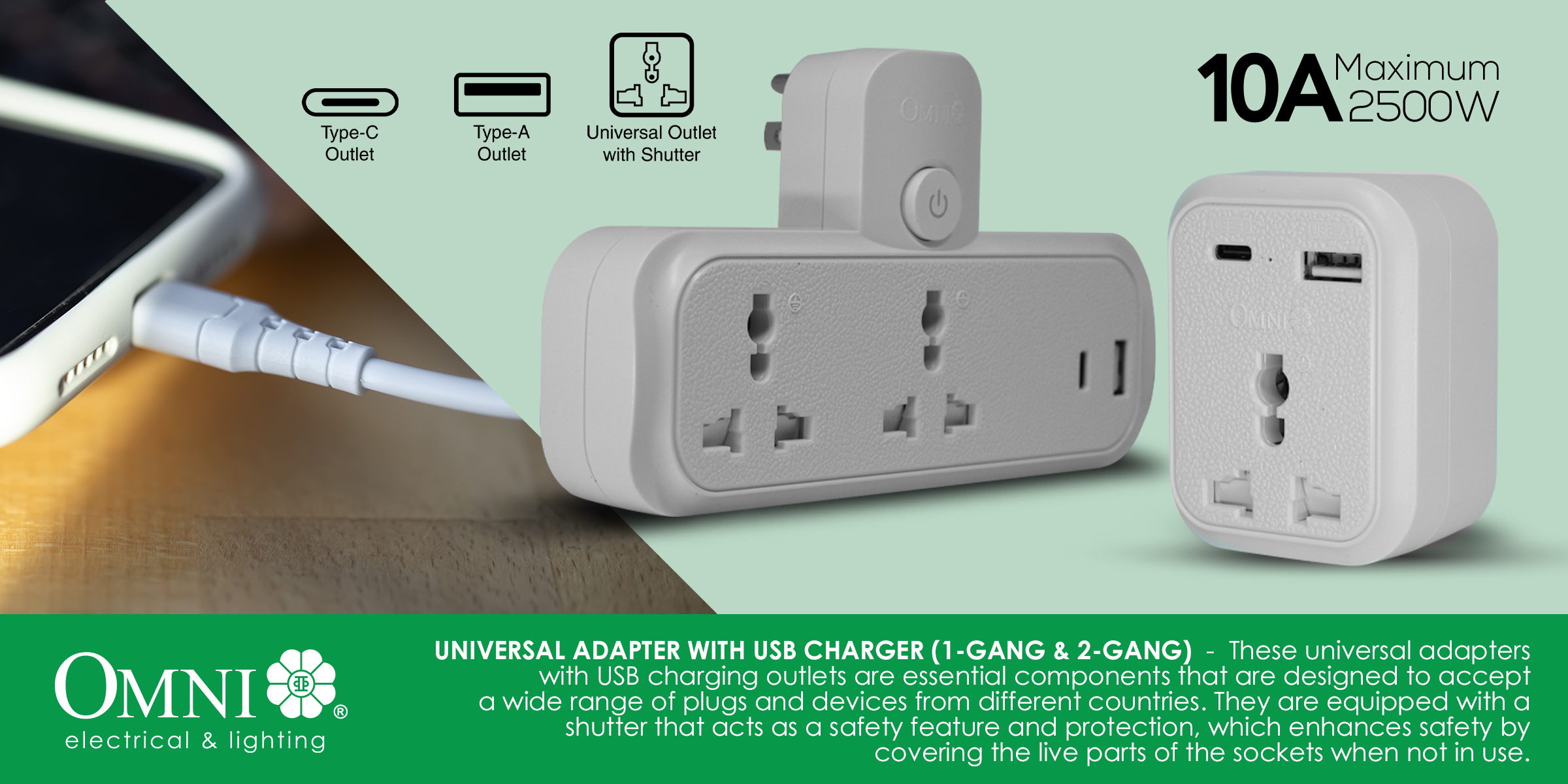 OMNI Universal Adapter with USB Charger (1-Gang) - WUA-001-PK | Shopee ...