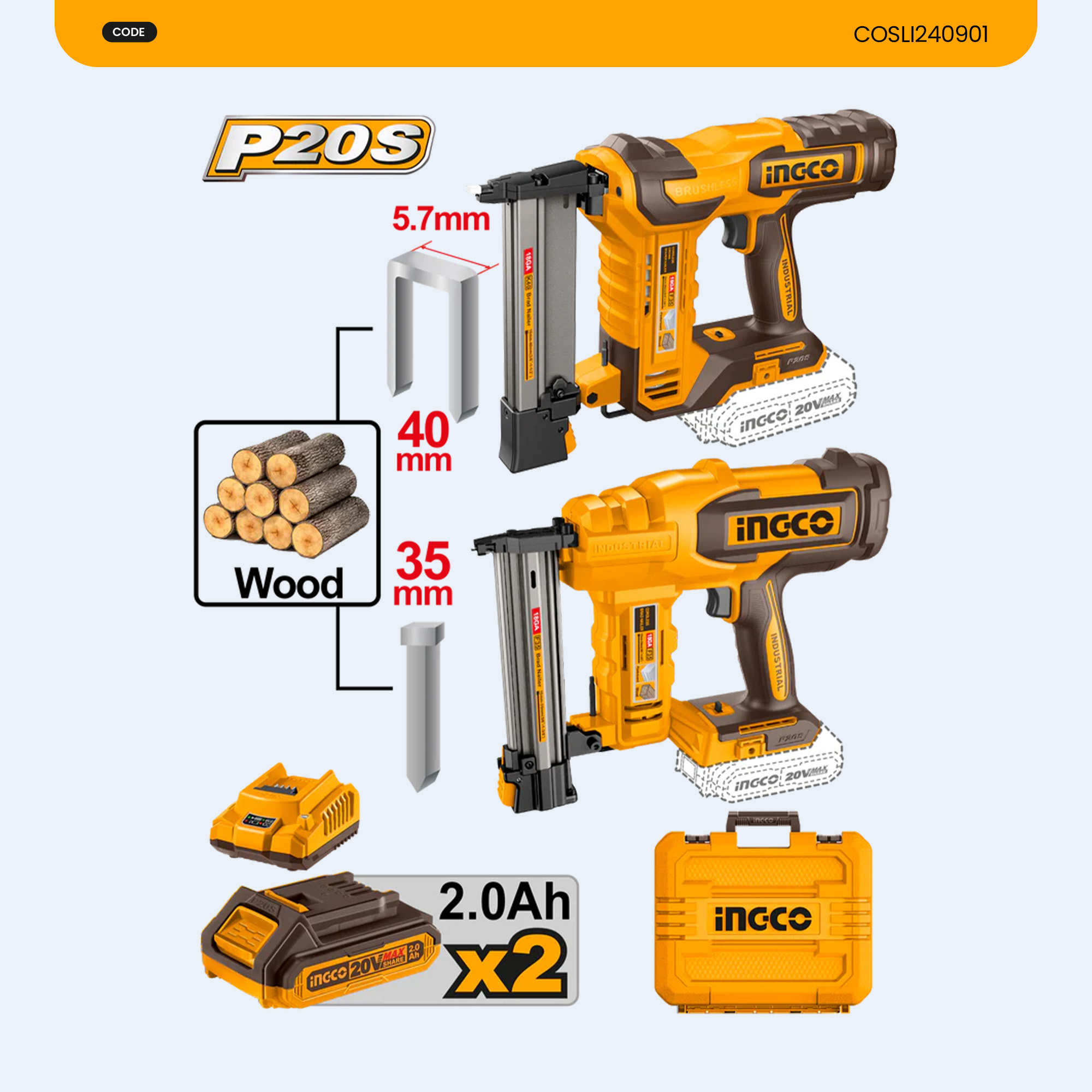 Ingco 2pcs 20V Cordless Combo Kit F15-F35 Brad Nailer w/ Crown Stapler ...