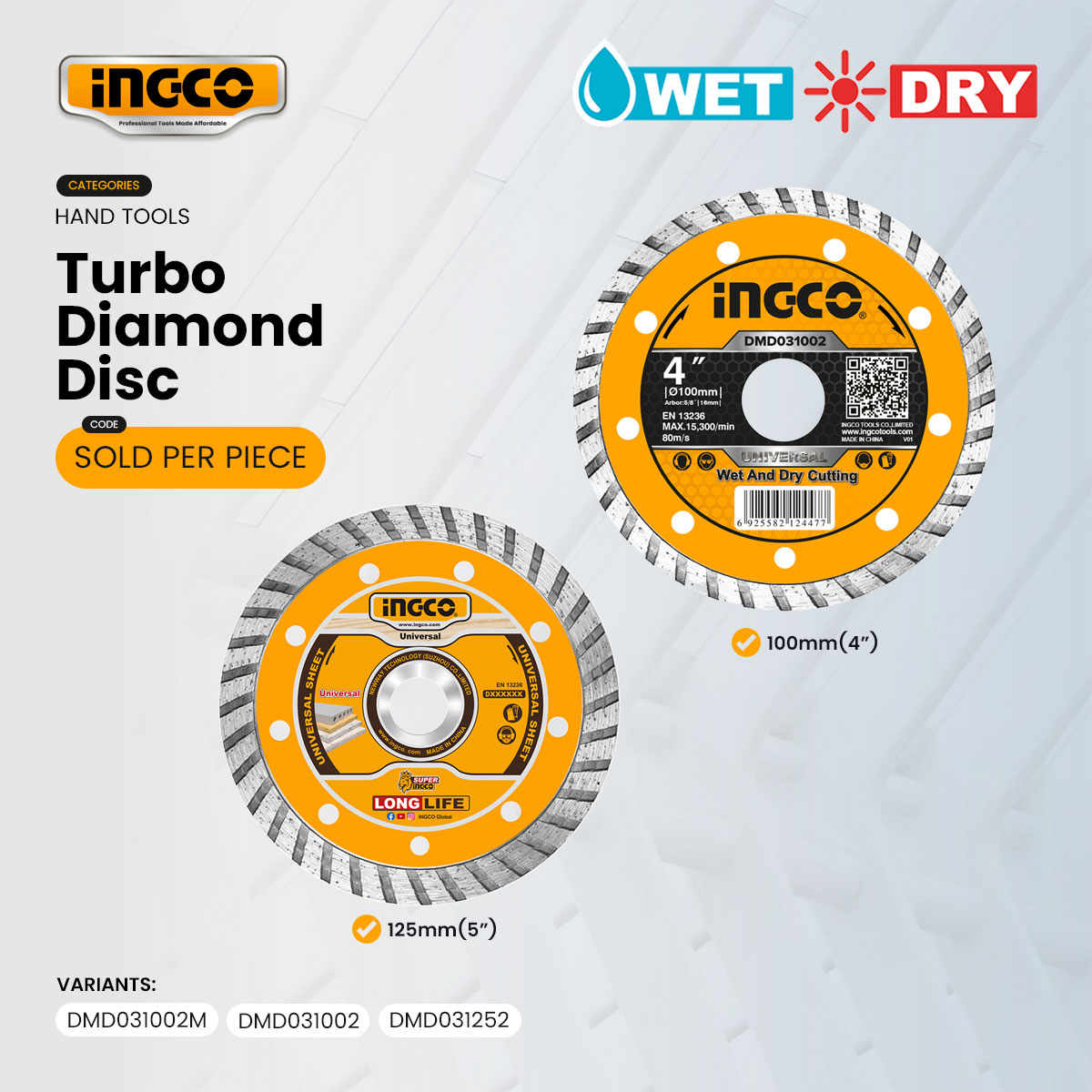 Ingco 4" / 5" Wet & Dry Turbo Diamond Cutting Disc Angle Grinder ...