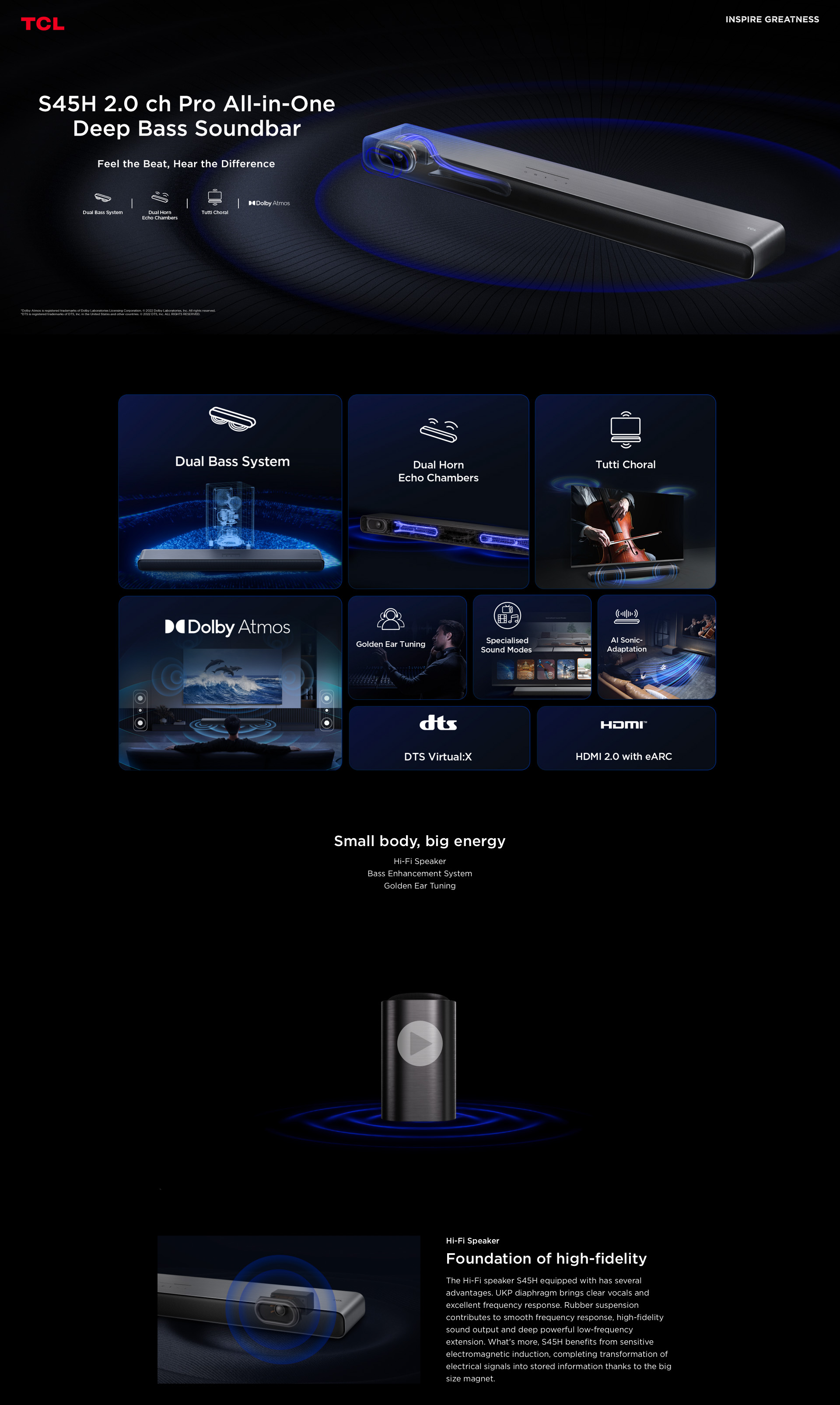 TCL Soundbar S45H Wireless Pro All-in-on-One 2.0 Channel Soundbar ...