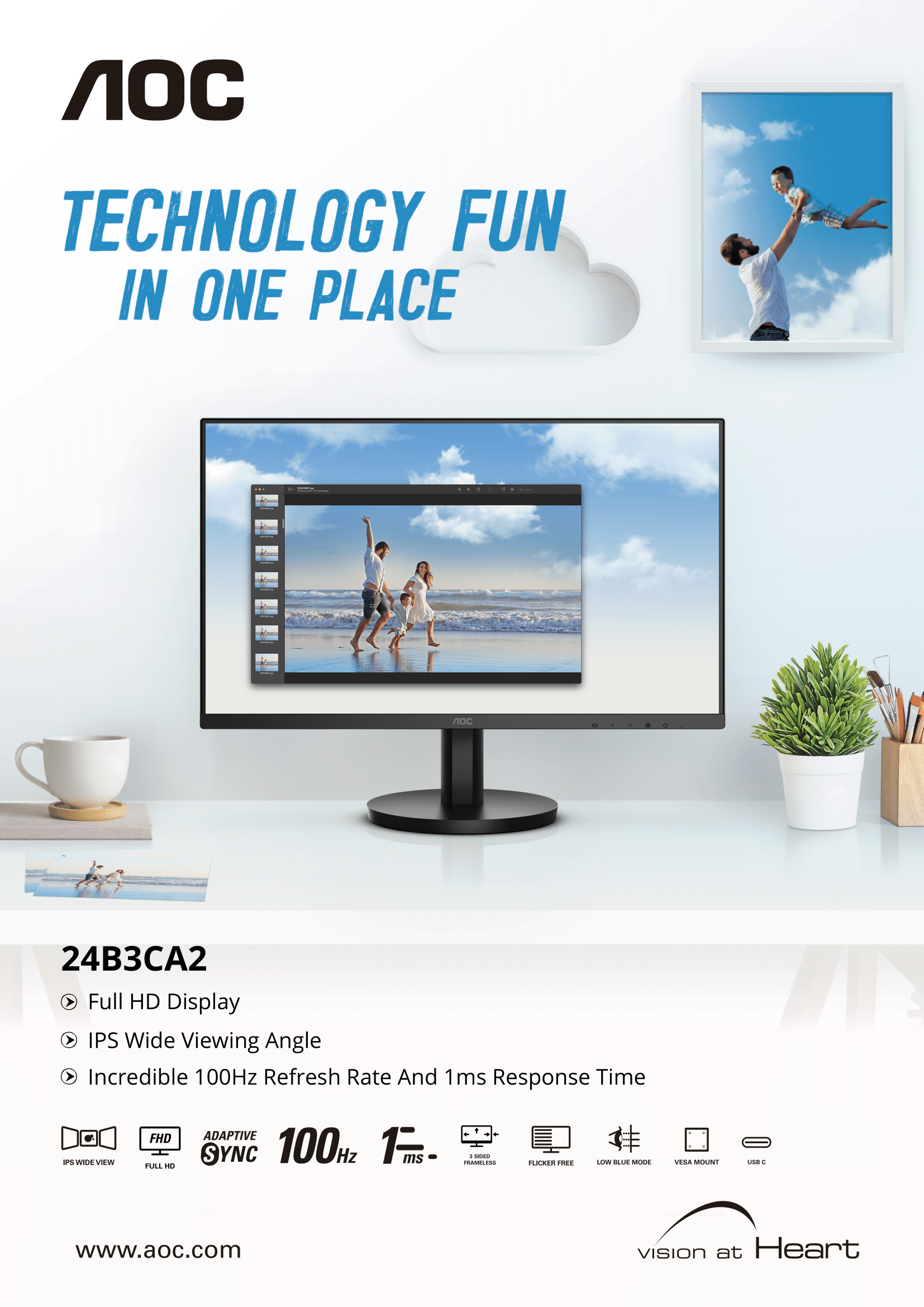 AOC 24B3CA2 USB Type-C Eye Care Monitor - 24" Full HD IPS / 100Hz / 1ms ...
