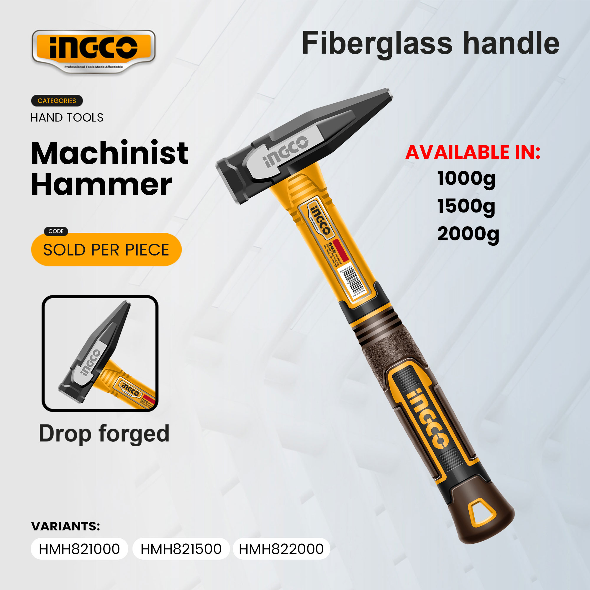 Ingco 1000g-2000g Drop-Forged Machinist Hammer w/ Fiberglass Handle ...