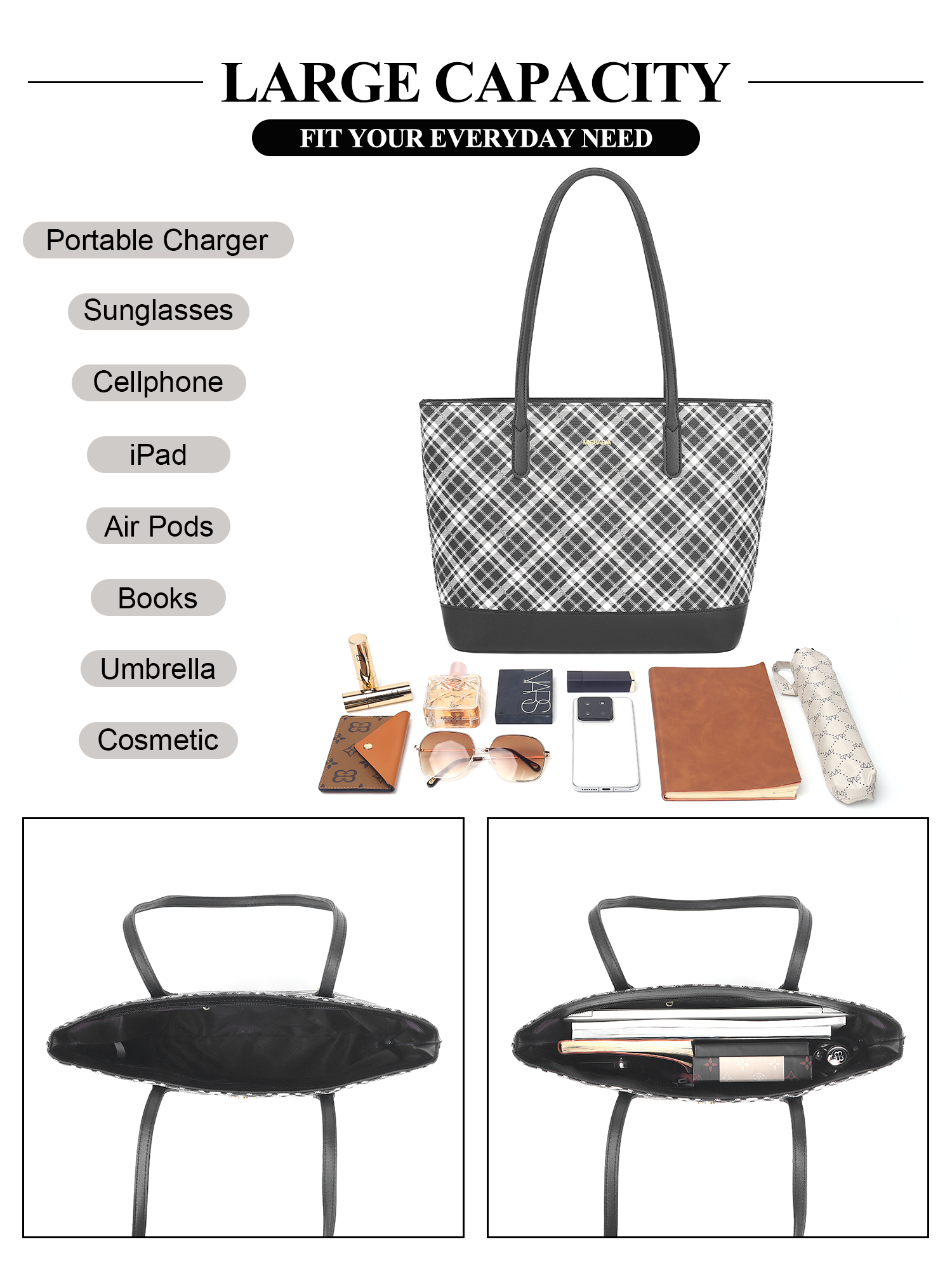 MICHAELA Large Checkered Tote Bag 15'' Stylish Two-Tone for Women ...
