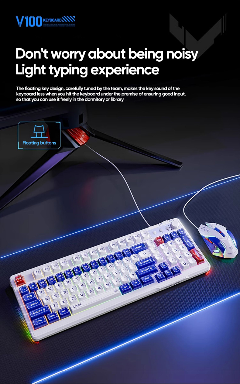 V100 98-key RGB wired keyboard with RGB lighting, mecha style design ...