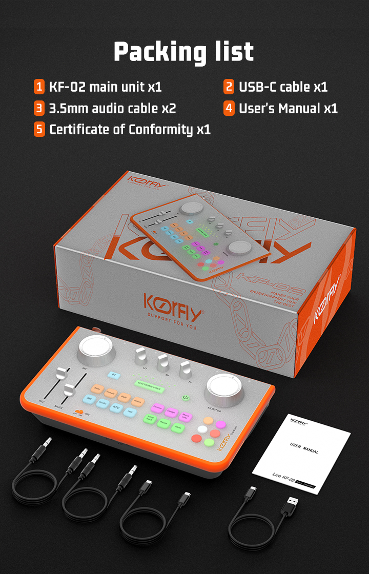 Koorfly KF02 Live Sound Card complete set with microphone set original for recording Audio Mixer ...