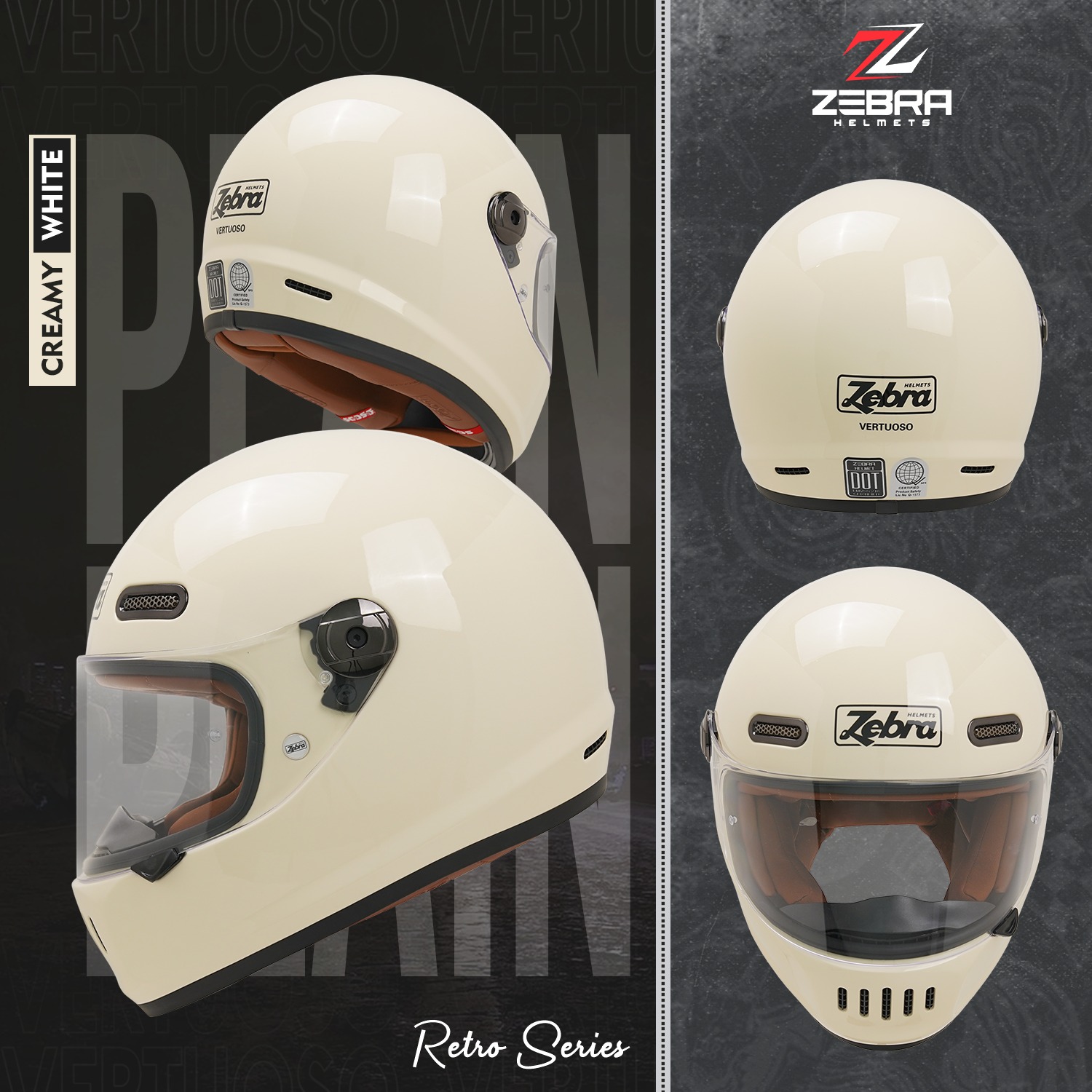 ZEBRA VERTUOSO Classic Retro Helmet For Motorcycle Full Face Vintage ...