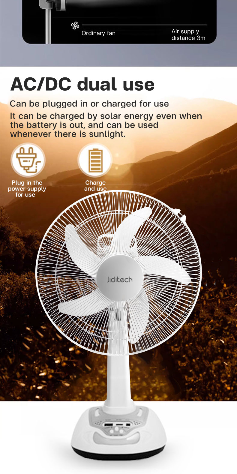 Jiditech 2025 New 14''/12'' Solar Fan Rechargeable Fan With 2 LED Light ...