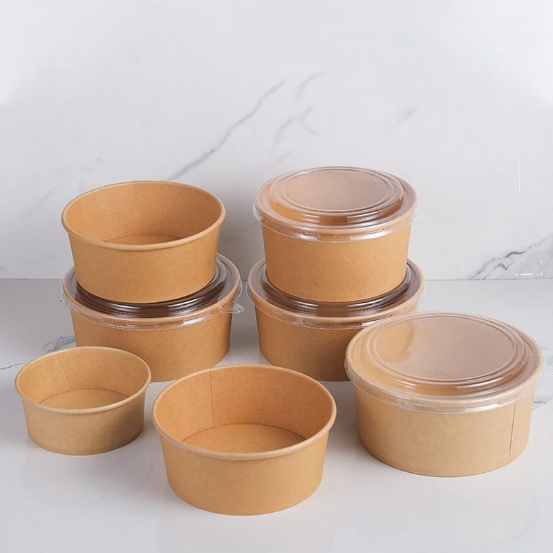 Kraft Salad Bowl 50 Pcs Round Disposable Paper Bowl with Plastic Lid ...