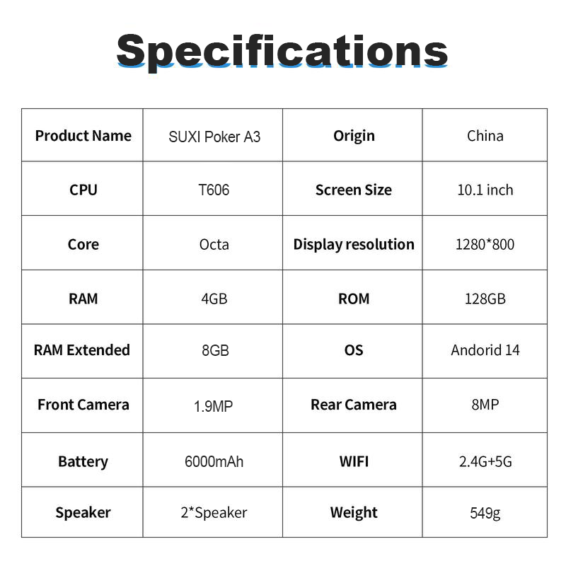 SUXI A3 Pro Game Tablet Android 14.10.1inch 12GB RAM+128GB ROM,memory ...