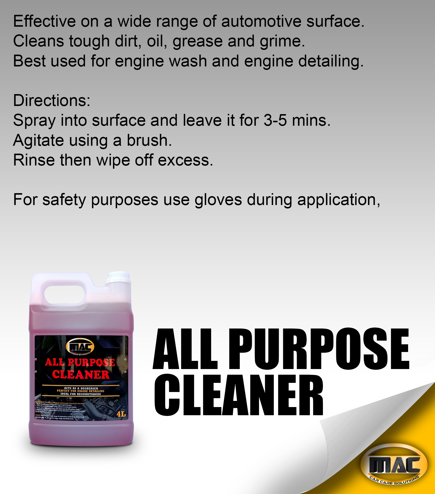 MAC All Purpose Cleaner serve as Engine Degreaser for Oil and Grease ...
