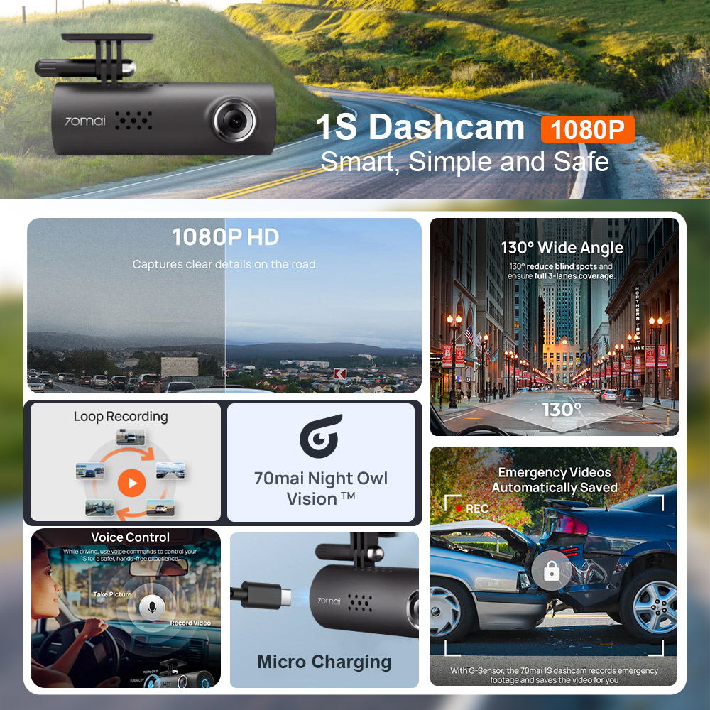 70mai 1S Dashcam 1080P Full HD App & Voice Control 130° FOV Loop ...