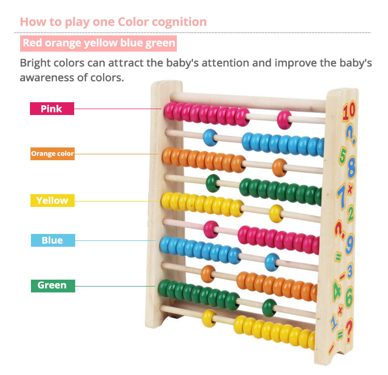 10-Row Wooden Beads Abacus Count Frame Teaching Aid Math Educational ...