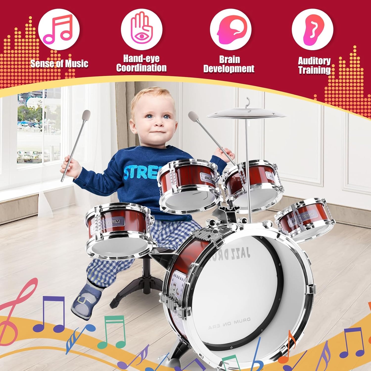 Toddler Drum Kit Kids Toy Jazz Drum Set 5 Drums with Stool Birthday ...