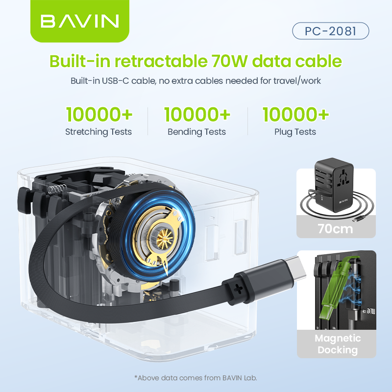 BAVIN PC2081 70W GaN Charging Adapter with Multi-Port Charger Retractable Type-C & Universal ...