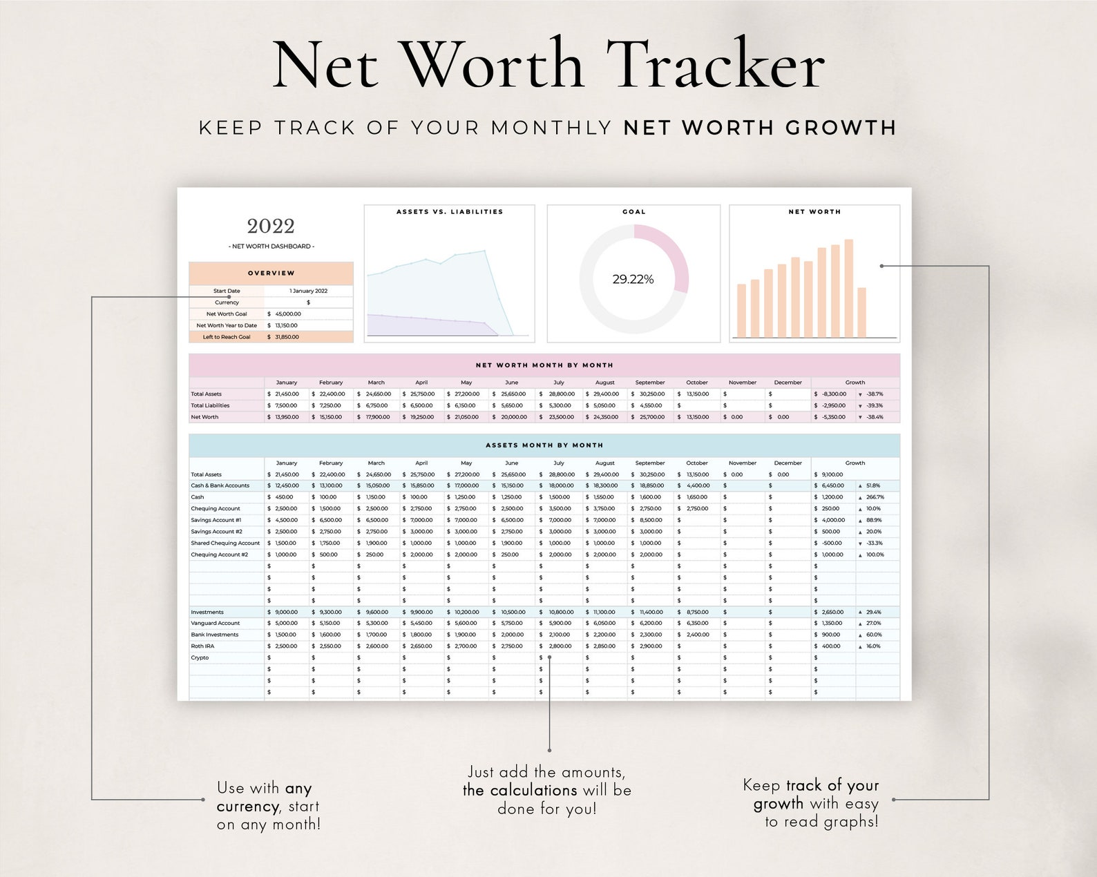 Digital Planner, Net Worth Tracker Spreadsheet for Google Sheets, Net ...