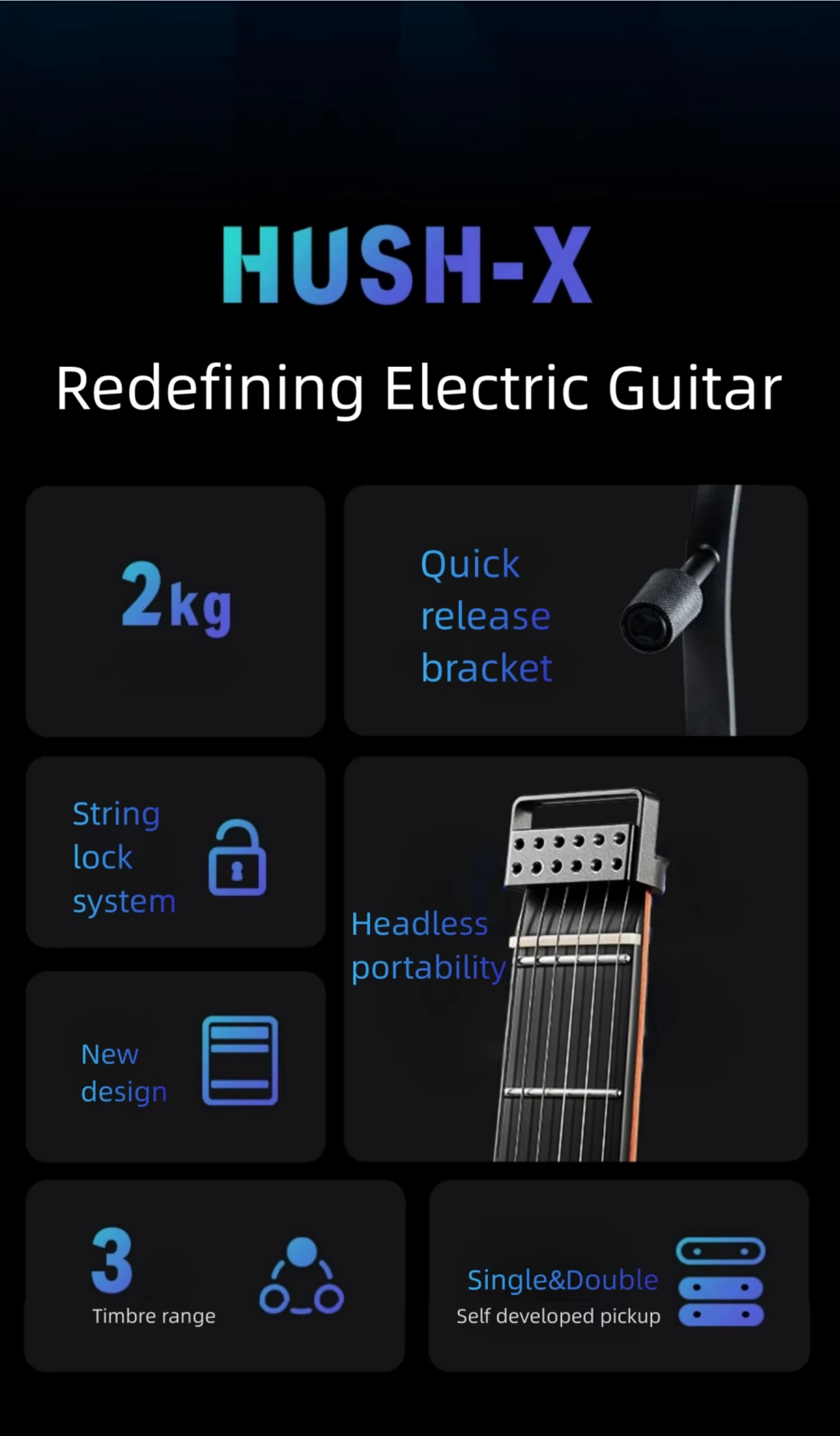 Donner HUSH-X Headless Silent Acoustic Electric Travel Guitar Removable ...