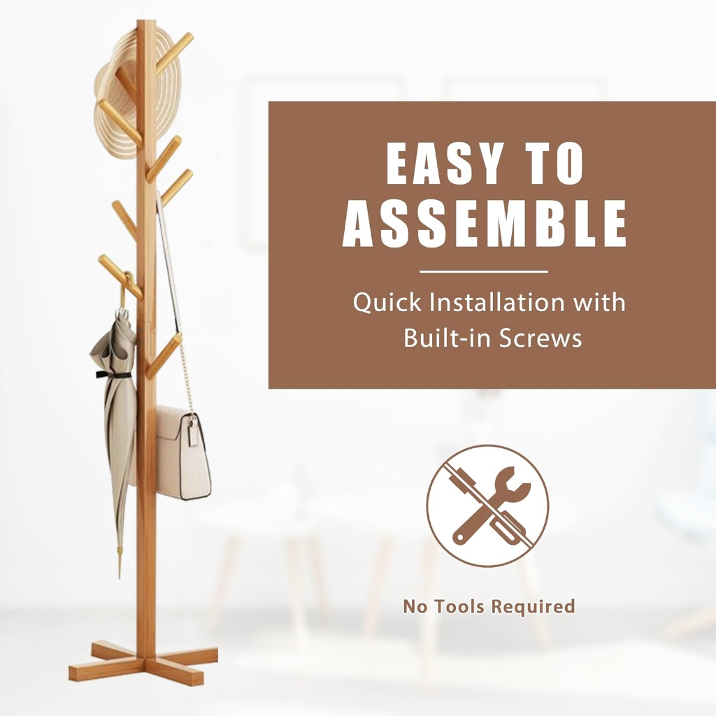 Wooden Clothes Rack Floor Hat Hanger Organizer Storage Rack Bamboo ...