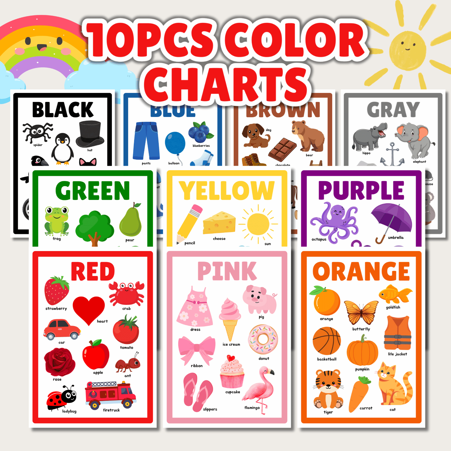 10pcs Educational Color Charts for Kids – Learn Colors with Visual ...