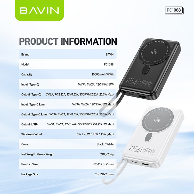 BAVIN PC1088 10000mAh 22.5W PD Wireless Fast Charging Powerbank w/ 360 ...