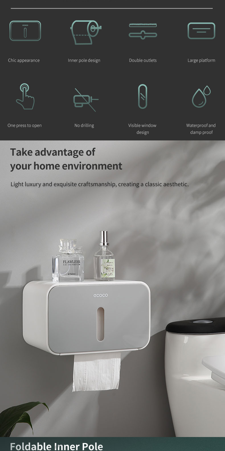 Ecoco Tissue Holder Bathroom Wall Mounted Tissue Box Waterproof for ...