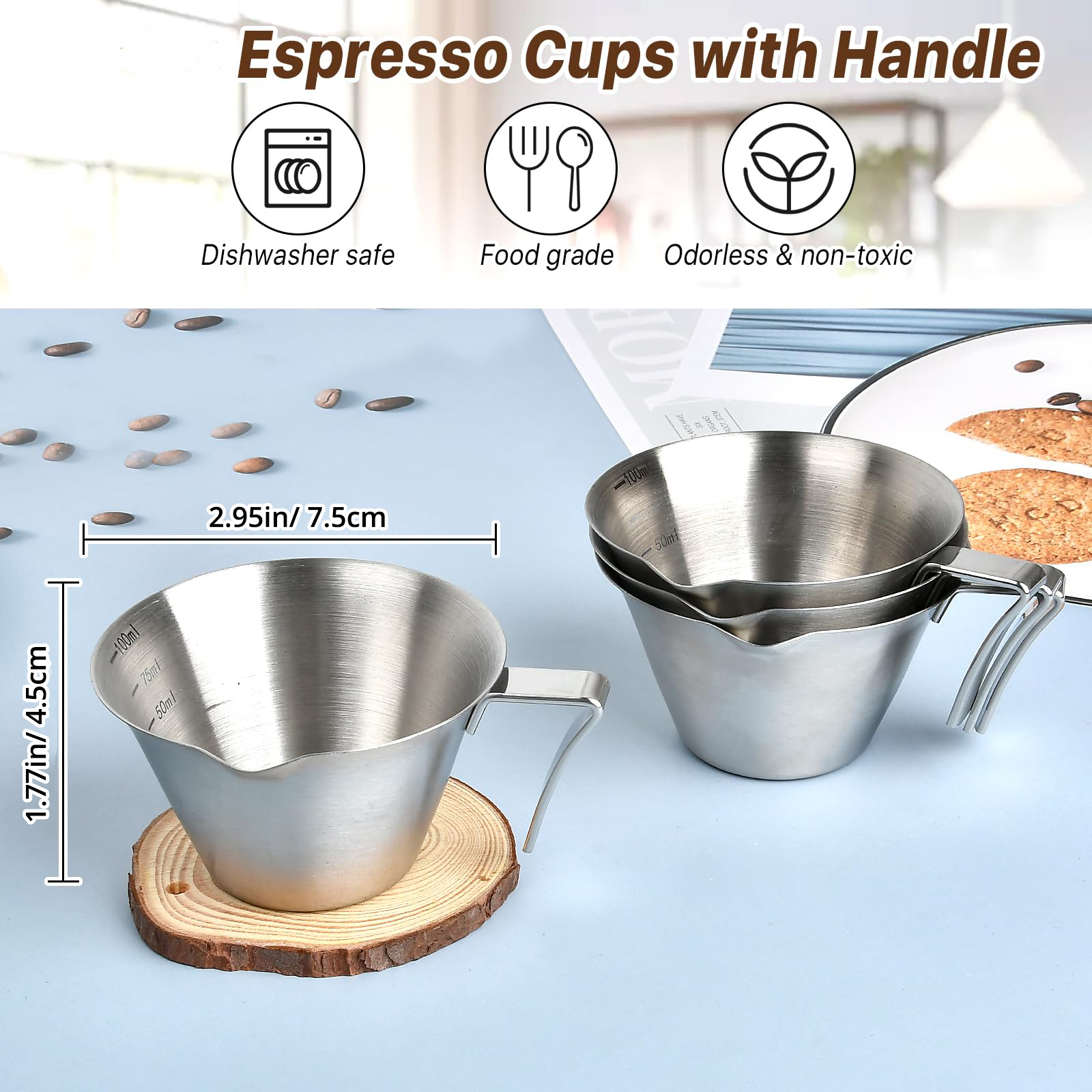 100ml Coffee Measuring Cup, Stainless Steel Espresso Cups with Handle ...