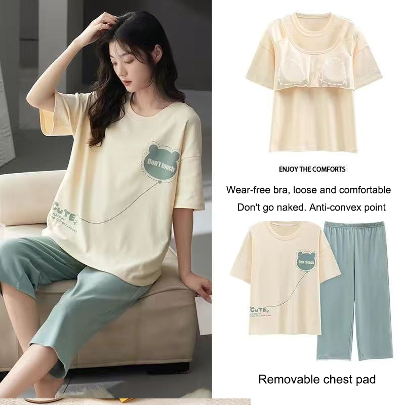 YISO 2 Pcs Pajamas for Women With Padded Pajama Plus Size Short-Sleeved ...