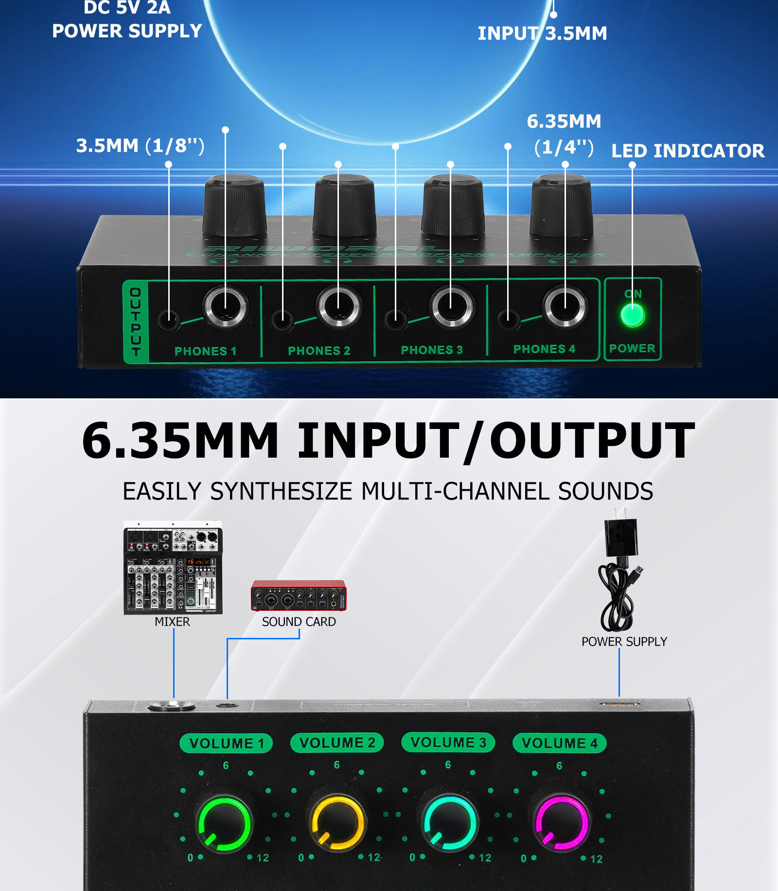 Headphone Amplifier 4 Channel Headphone Splitter Amplifier with 1/4 ...