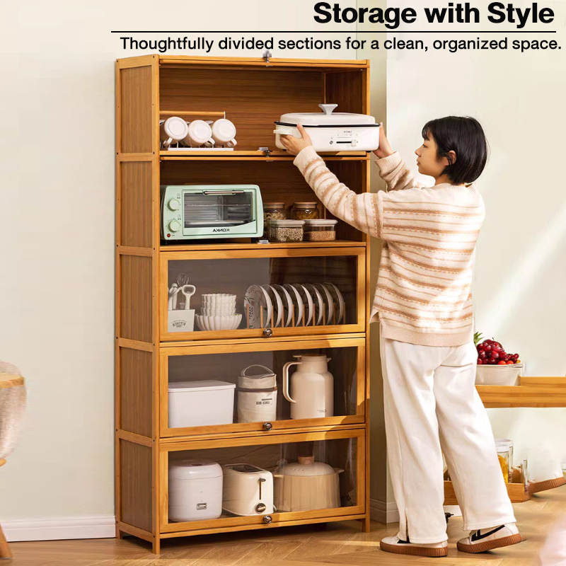 【On Hand】Bamboo Display Cabinet For Kitchen Acrylic Wood Bookshelf ...