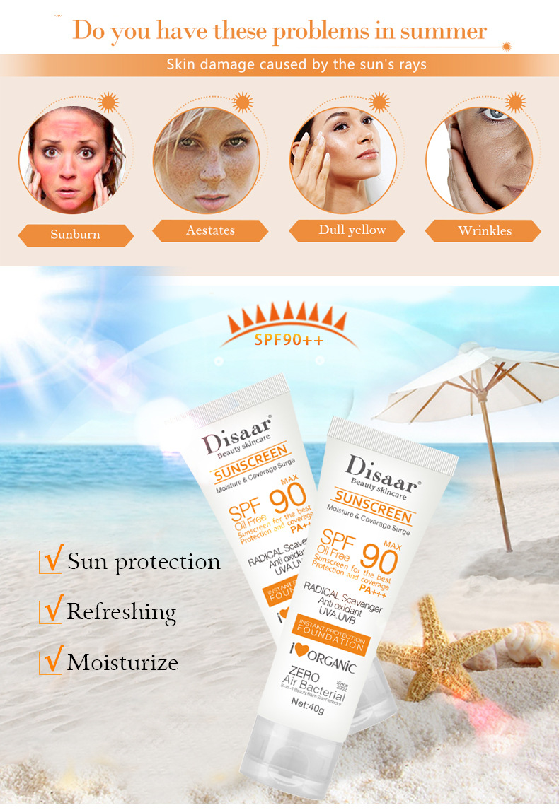Disaar Facial SPF 90+ Skin Care Sunscreen Cream Waterproof LastingMoisturizing Protect Sunblock ...