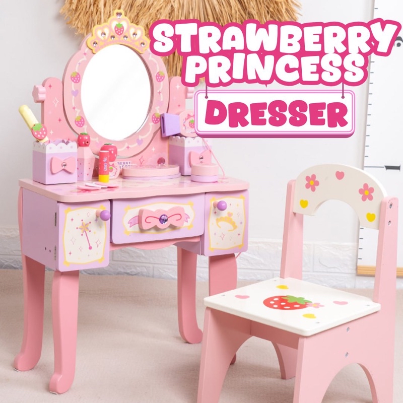 Wooden Strawberry Princess Vanity Table with Chair Accessories Included ...