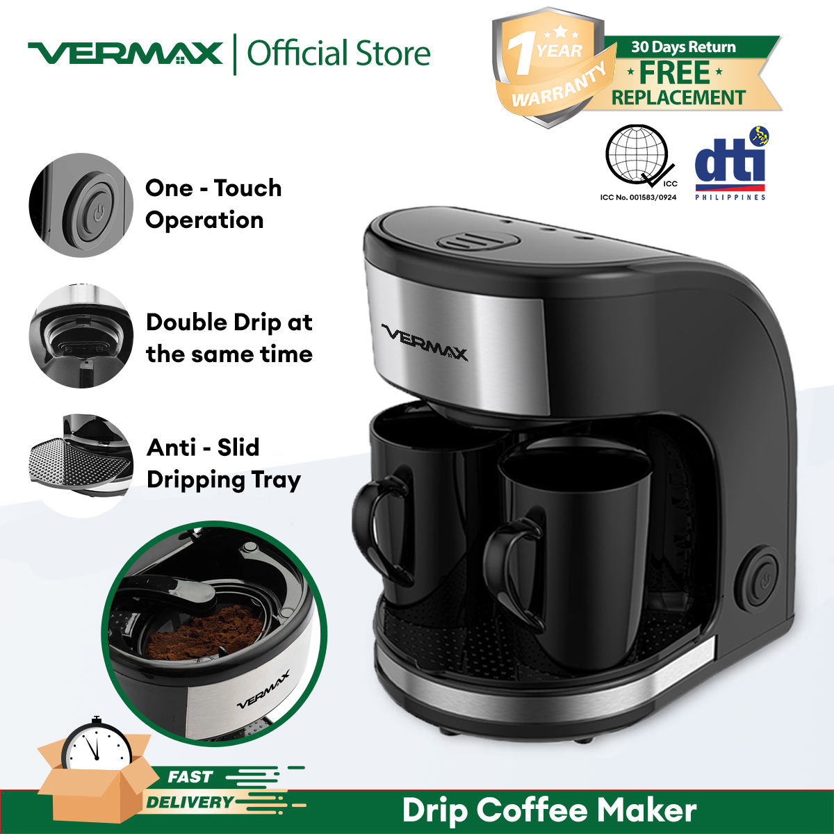 Vermax Mini Coffee Maker 250ml 2-Cup Drip Filter for Home Use Drip ...