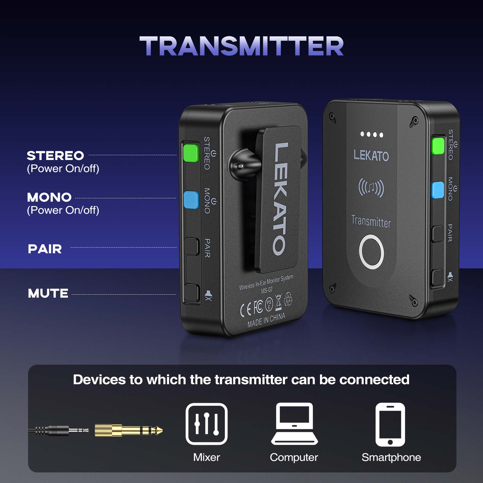 LEKATO MS-02 In Ear Monitor System 2.4G Wireless IEM Transmitter ...