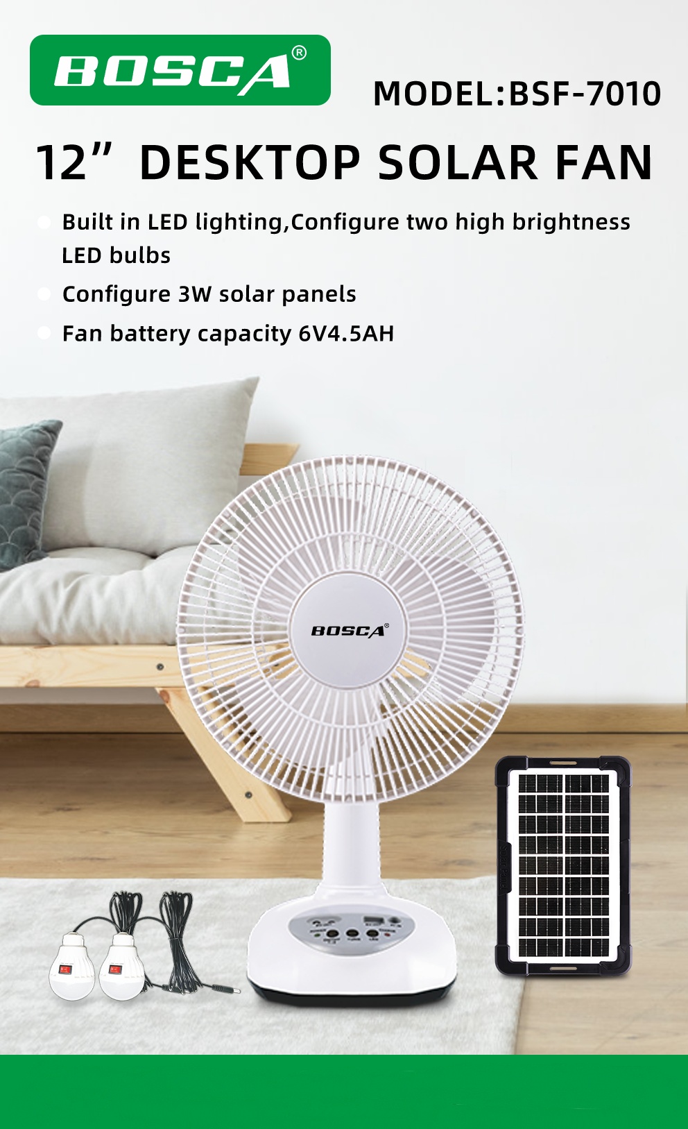 BOSCA 12" AC/DC Solar Recahrgeable Fan DESK Fan Box Fan With LED Light ...