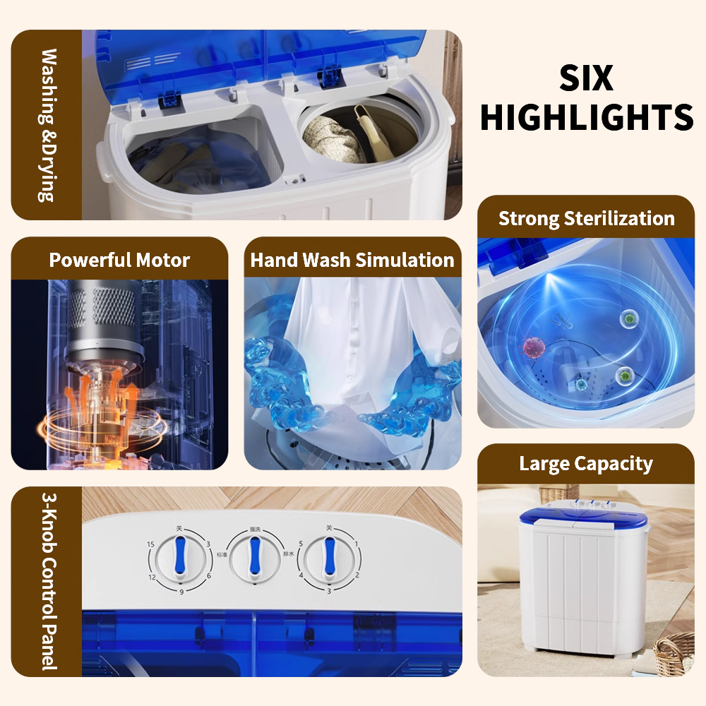 HOMEFUN Double Barrel Mini Washing Machine With Spin Dryer Semi ...
