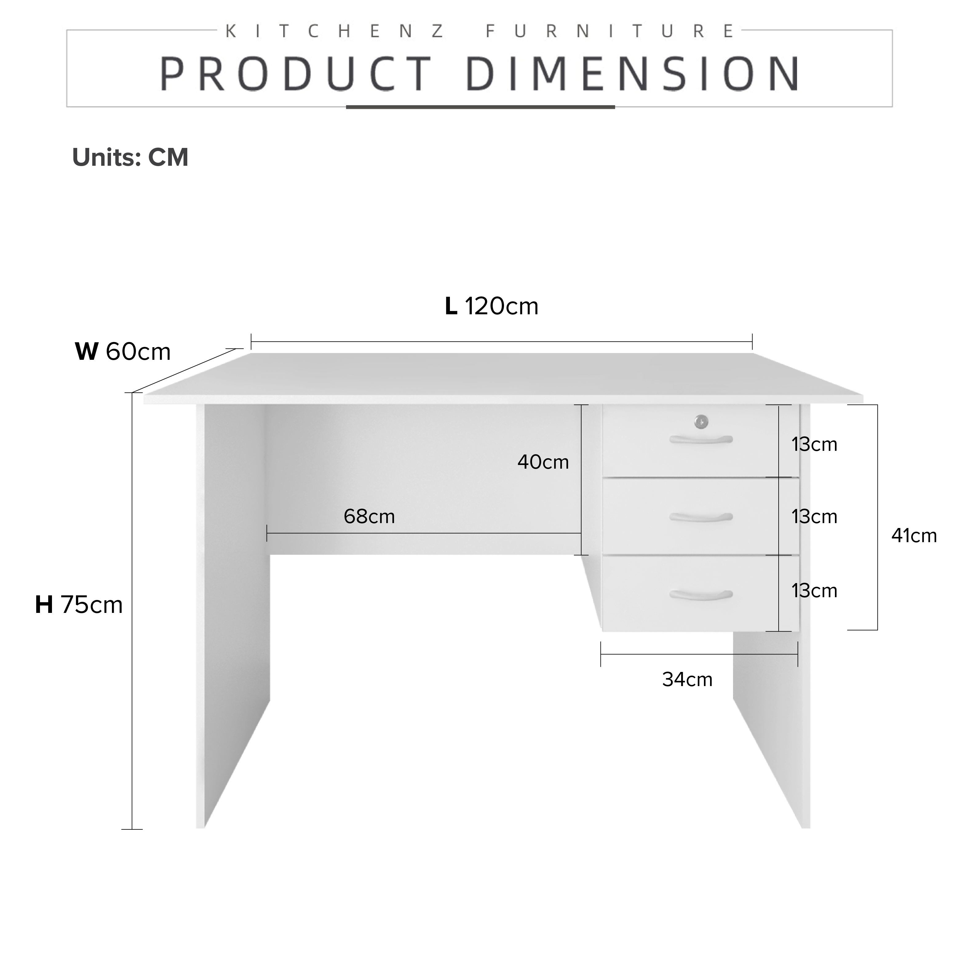 KitchenZ 120cm 4ft Wooden Writing Table 15mm Thick Study Table with 3 ...